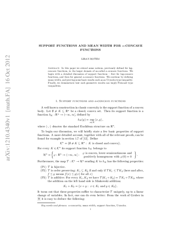(PDF) Support functions and mean width for -concave functions