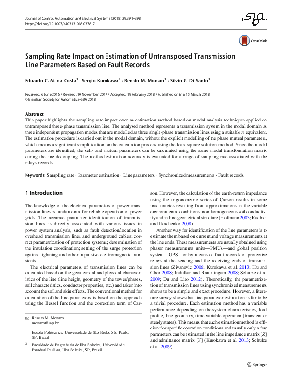 (PDF) Sampling Rate Impact on Estimation of Untransposed Transmission Line Parameters Based on ...