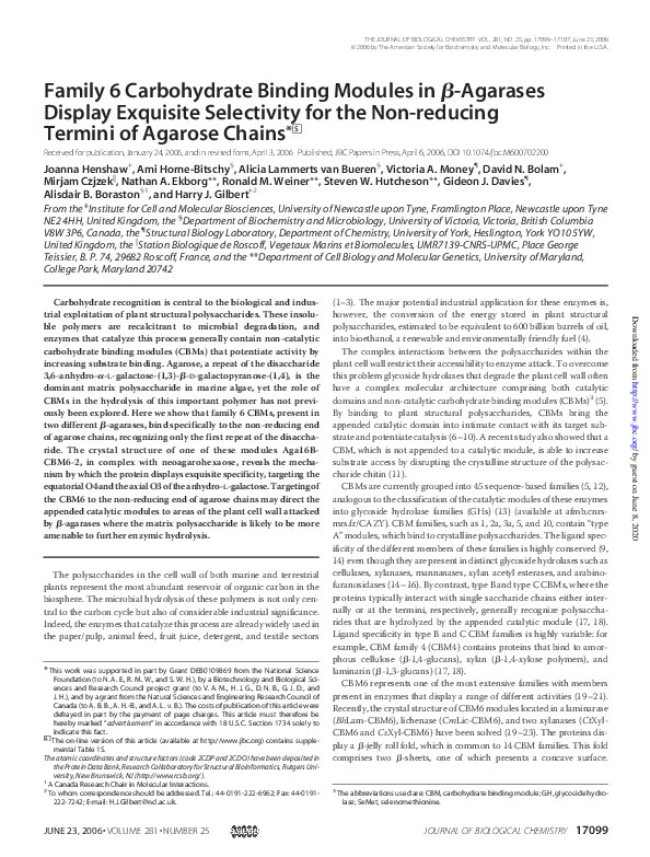 (PDF) Family 6 Carbohydrate Binding Modules in beta-Agarases Display ...
