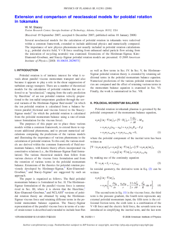 (PDF) Extension and comparison of neoclassical models for poloidal ...