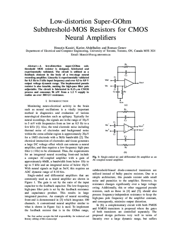 (PDF) Low-distortion super-GOhm subthreshold-MOS resistors for CMOS neural amplifiers