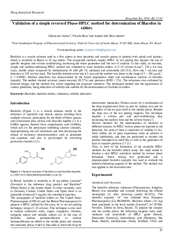 Pdf Validation Of A Simple Reversed Phase Hplc Method For The Determination Of Baclofen In Tablets