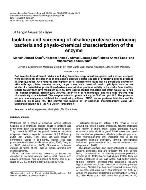 (PDF) Isolation and screening of alkaline protease producing bacteria and physio-chemical ...