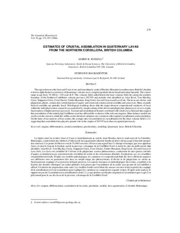 (PDF) Estimates of Crustal Assimilation in Quaternary Lavas from the ...