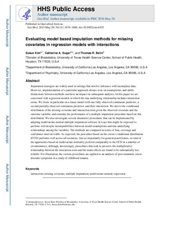 Pdf Evaluating Model Based Imputation Methods For Missing Covariates In Regression Models With