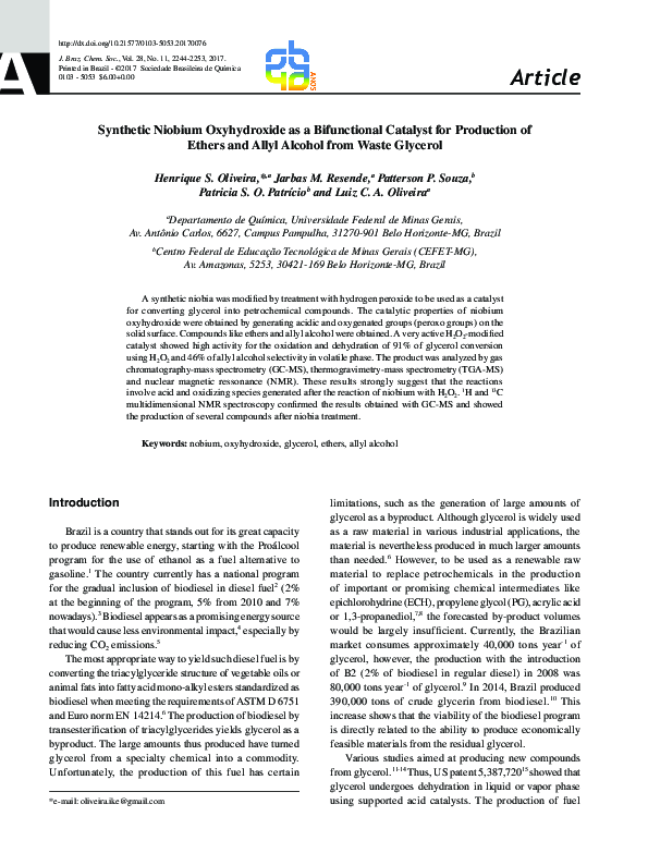 (PDF) Synthetic Niobium Oxyhydroxide as a Bifunctional Catalyst for Production of Ethers and ...
