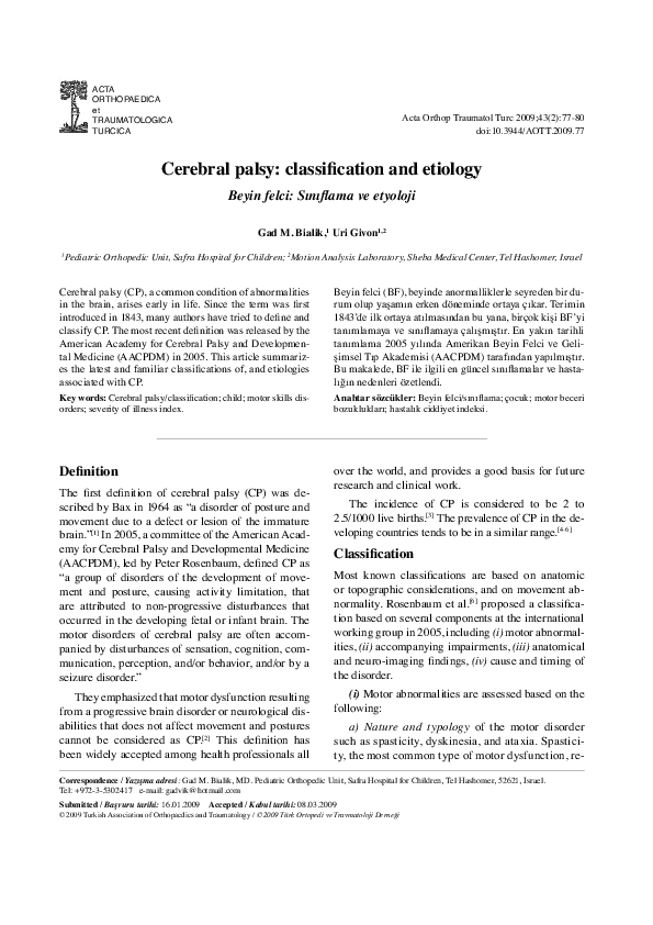 (PDF) Cerebral palsy: classification and etiology