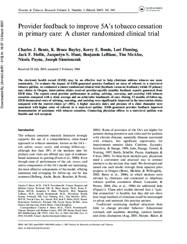 (PDF) Provider feedback to improve 5A's tobacco cessation in primary care: A cluster randomized ...