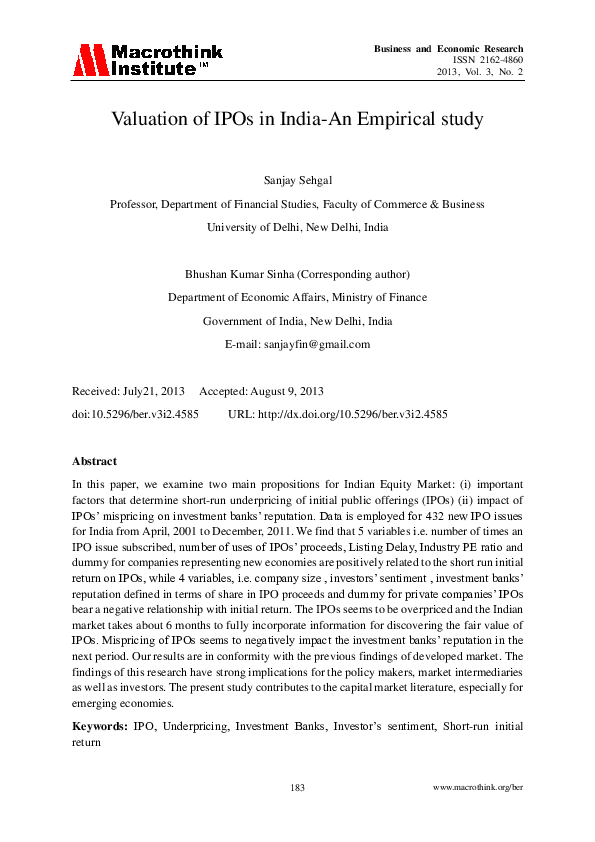 (PDF) Valuation of IPOs in India-An Empirical study