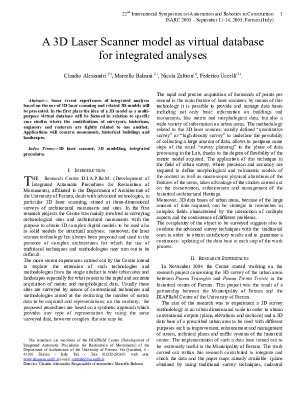 (PDF) A 3D Laser Scanner Model as Virtual Database for Integrated Analyses