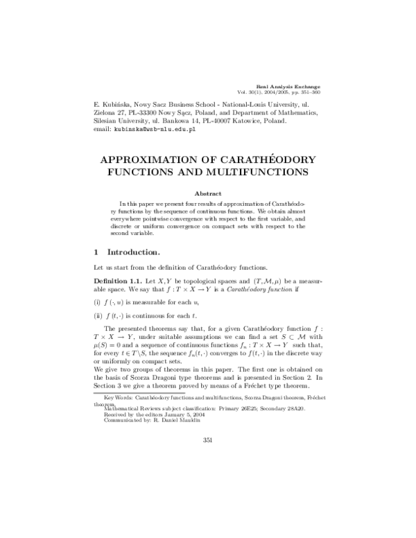 (PDF) Approximation of Carathéodory Functions and Multifunctions