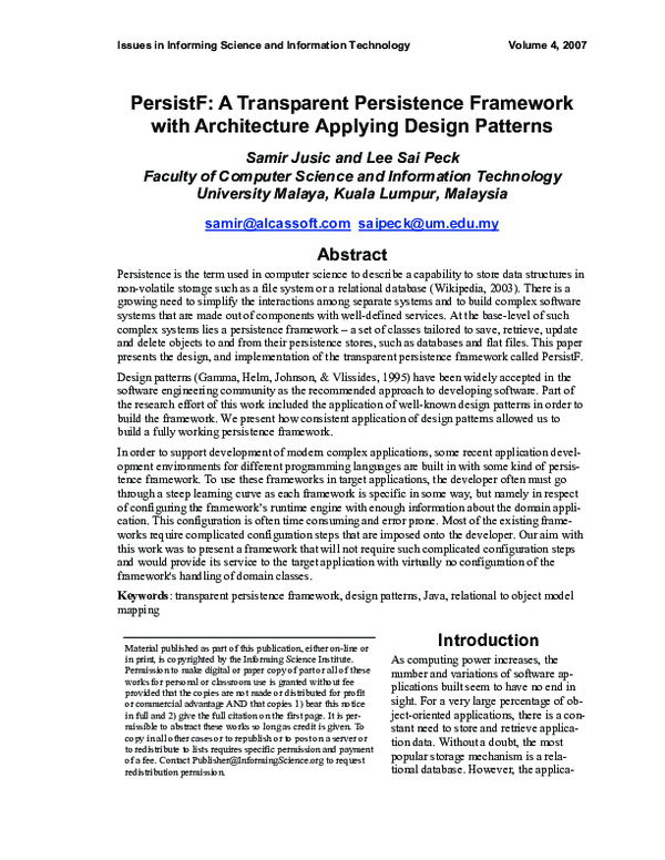 (PDF) PersistF: A Transparent Persistence Framework with Architecture Applying Design Patterns