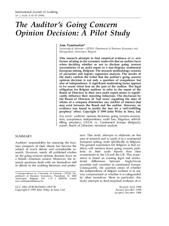 (PDF) The auditor's going concern opinion decision: a pilot study