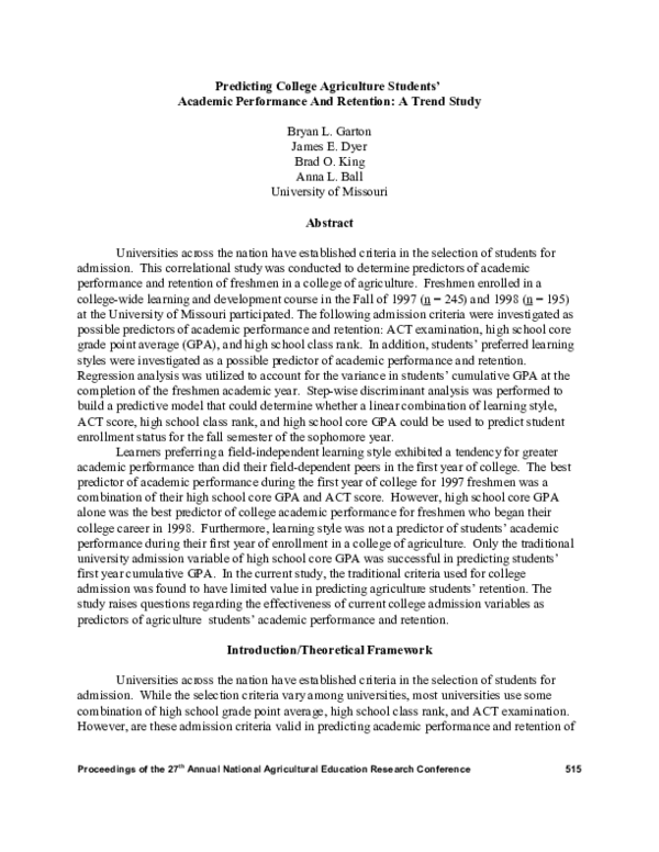 (PDF) Predicting College Agriculture Students' Academic Performance and ...