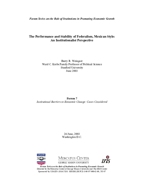 (PDF) The Performance and Stability of Federalism, Mexican Style: An ...