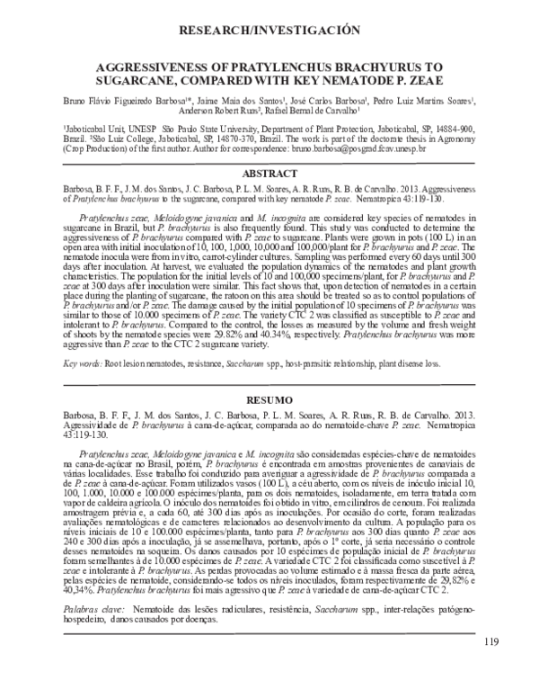 (PDF) Aggressiveness of Pratylenchus Brachyurus to Sugarcane, Compared ...