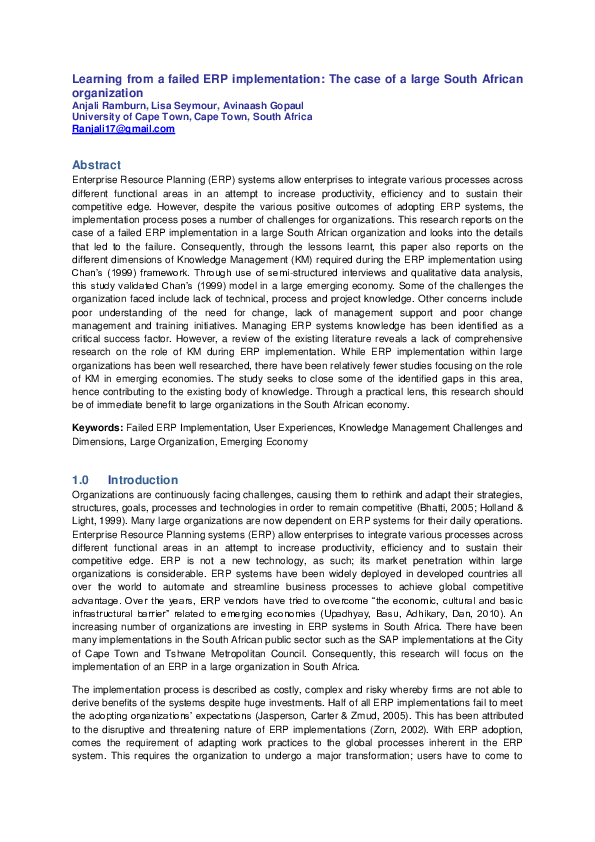 (PDF) Learning From a Failed ERP implementation: The Case of a Large South African Organization