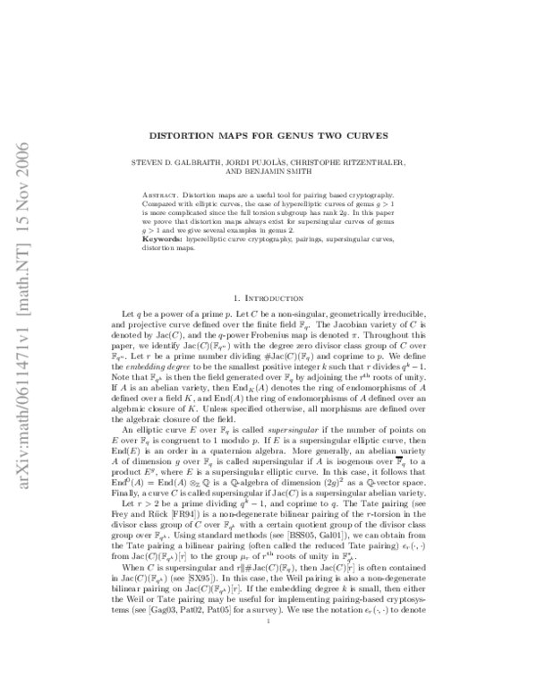 (PDF) Distortion maps for supersingular genus two curves