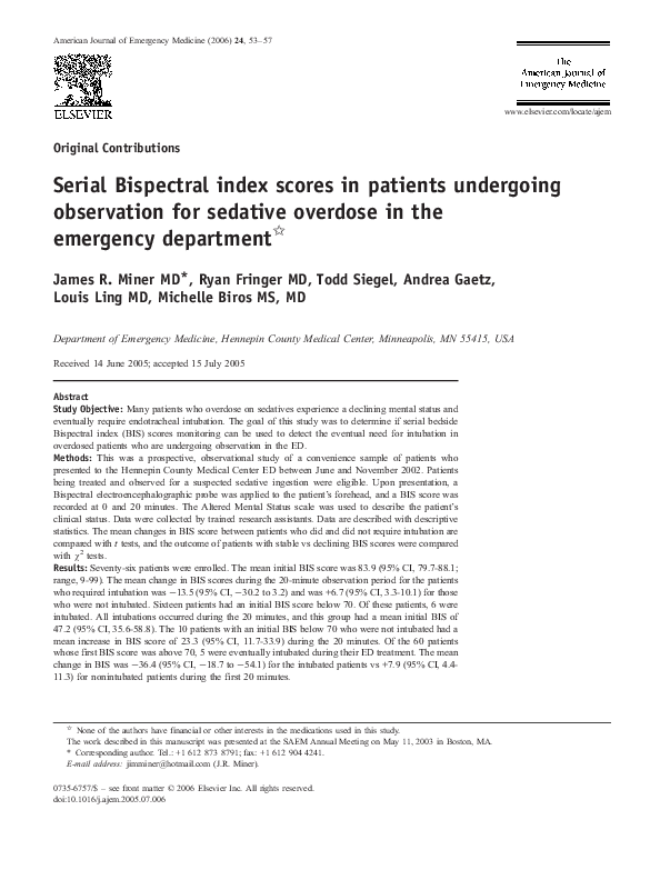 (PDF) Serial Bispectral index scores in patients undergoing observation ...