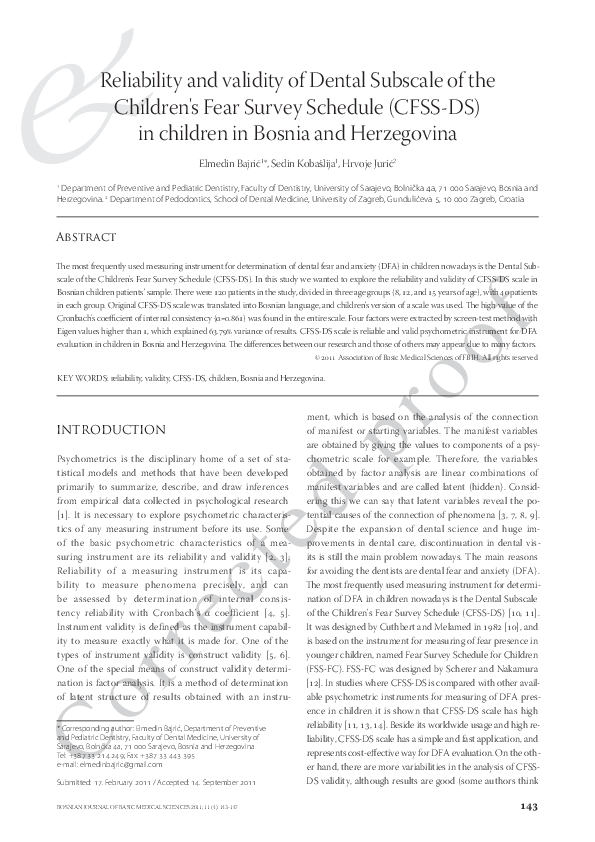 (PDF) Reliability and validity of Dental Subscale of the Children's ...