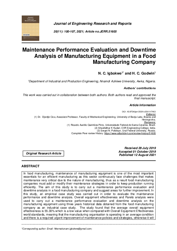 (PDF) Maintenance Performance Evaluation and Downtime Analysis of Manufacturing Equipment in a ...