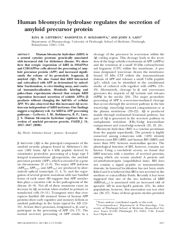 (PDF) Human bleomycin hydrolase regulates the secretion of amyloid ...