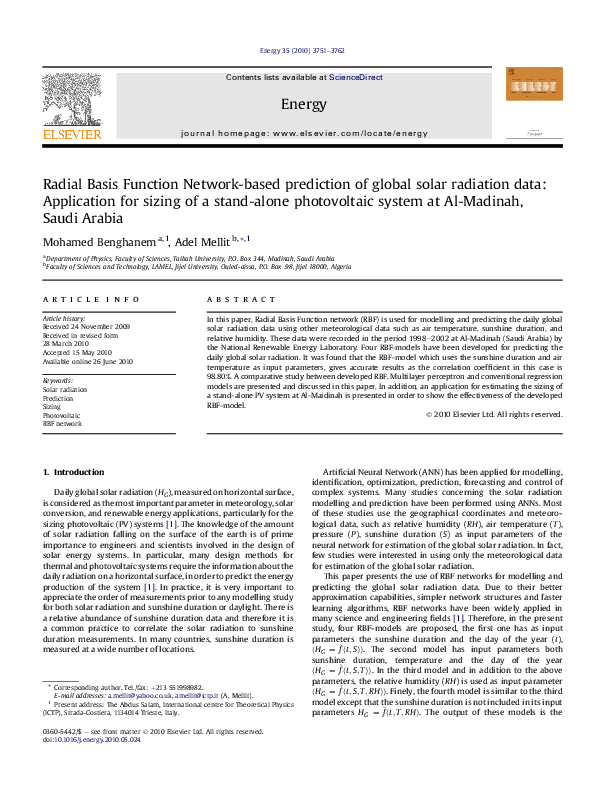 Pdf Radial Basis Function Network Based Prediction Of Global Solar Radiation Data Application