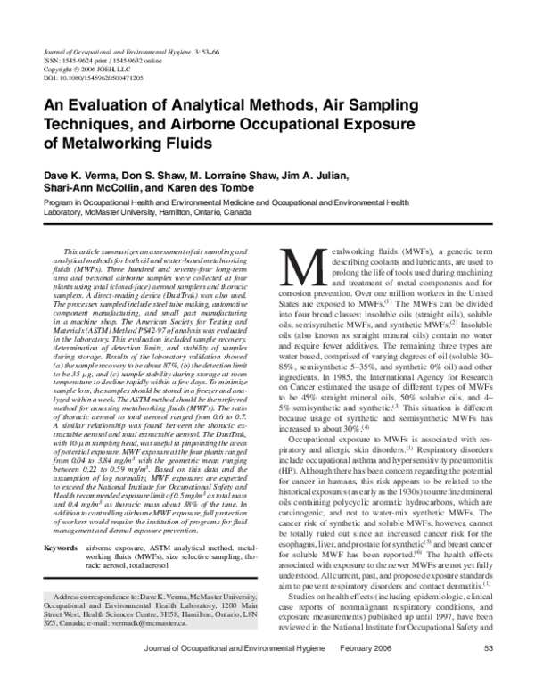 Pdf An Evaluation Of Analytical Methods Air Sampling Techniques And Airborne Occupational