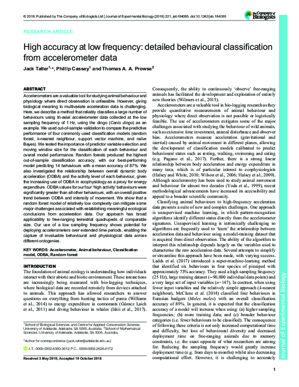 (PDF) High accuracy at low frequency: detailed behavioural classification from accelerometer ...