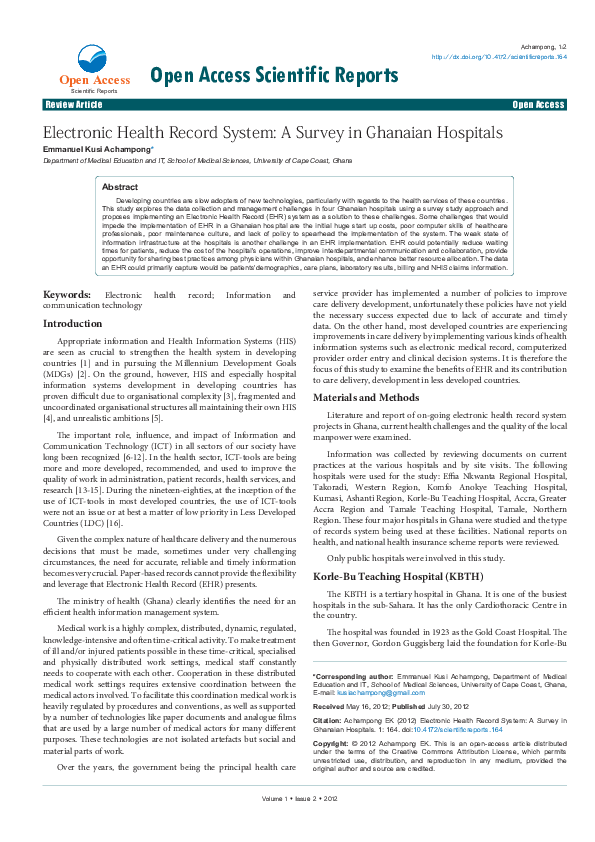 (PDF) Electronic Health Record System: A Survey in Ghanaian Hospitals