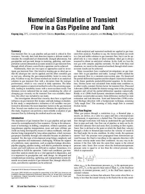 Pdf Numerical Simulation Of Transient Flow In A Gas Pipeline And Tank