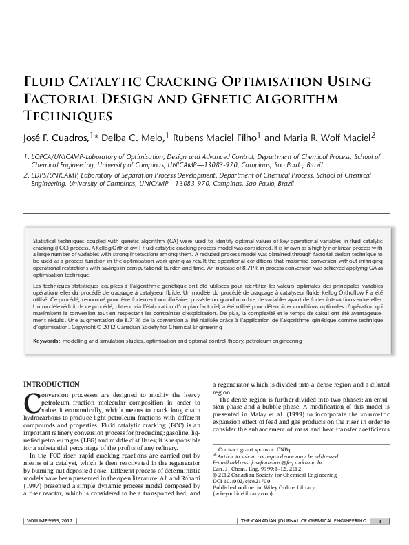 Pdf Fluid Catalytic Cracking Optimisation Using Factorial Design And Genetic Algorithm Techniques