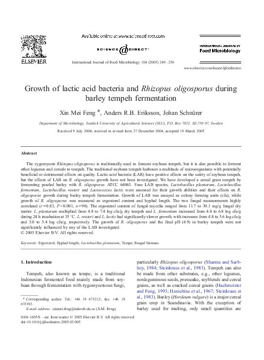 (PDF) Growth of lactic acid bacteria and Rhizopus oligosporus during barley tempeh fermentation