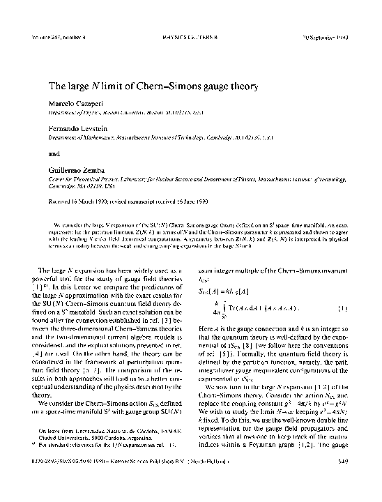 (PDF) The large N limit of Chern-Simons gauge theory