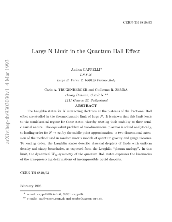 (PDF) Large N limit in the quantum Hall effect