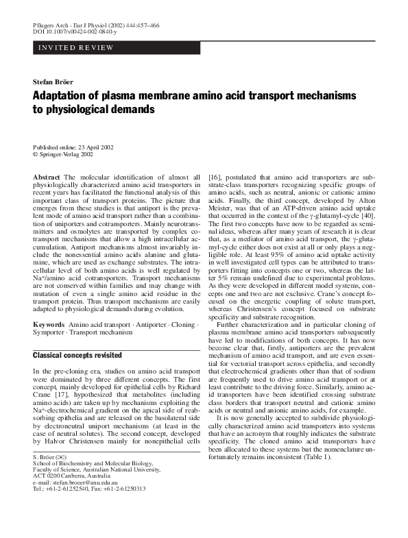 (PDF) Adaptation of plasma membrane amino acid transport mechanisms to ...