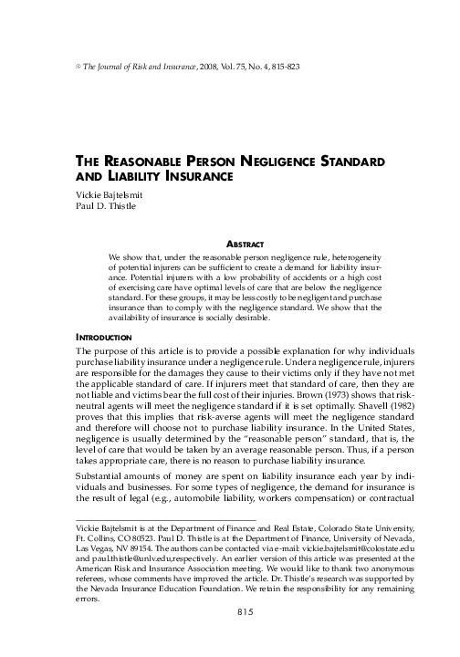 (PDF) The Reasonable Person Negligence Standard and Liability Insurance