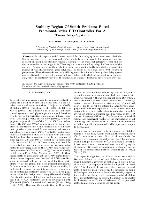 (PDF) Stability Region Of Smith-Predictor Based Fractional-Order PID Controller For A Time-Delay ...