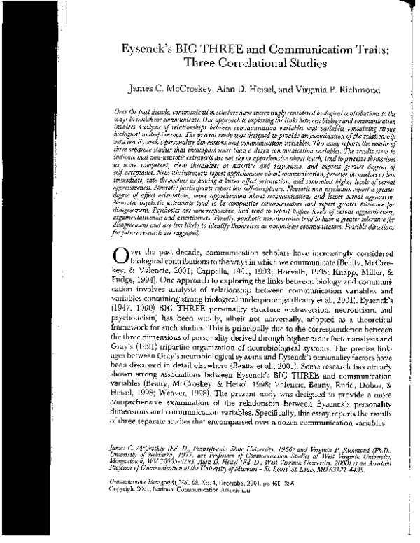 (PDF) Eysenck's BIG THREE and communication traits: three correlational ...
