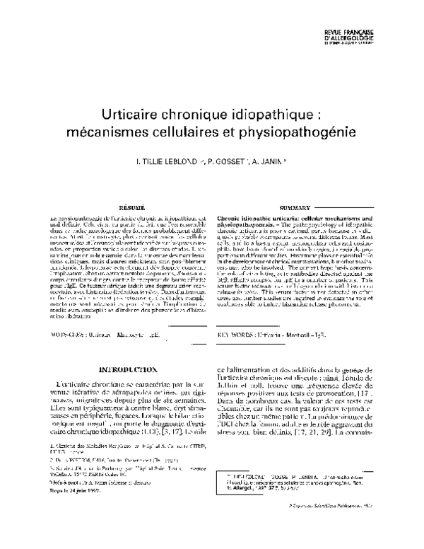(PDF) Urticaire chronique idiopathique : mécanismes cellulaires et ...
