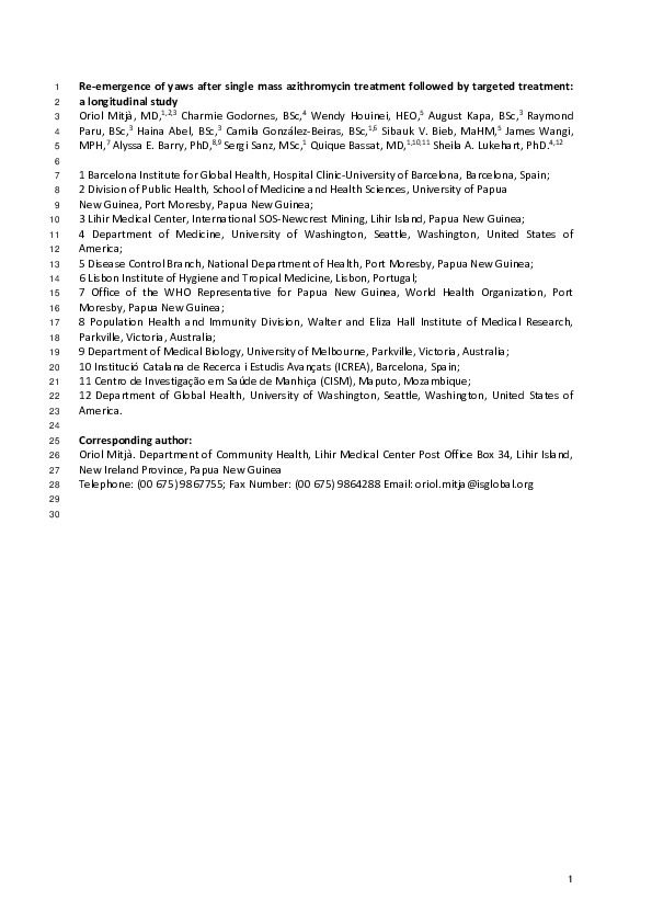 (PDF) Re-emergence of yaws after single mass azithromycin treatment ...
