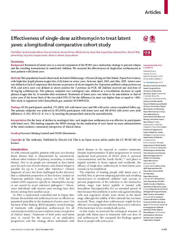 (PDF) Effectiveness of single-dose azithromycin to treat latent yaws: a ...