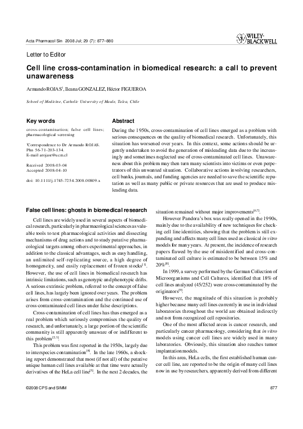 (PDF) Cell line cross-contamination in biomedical research: a call to ...