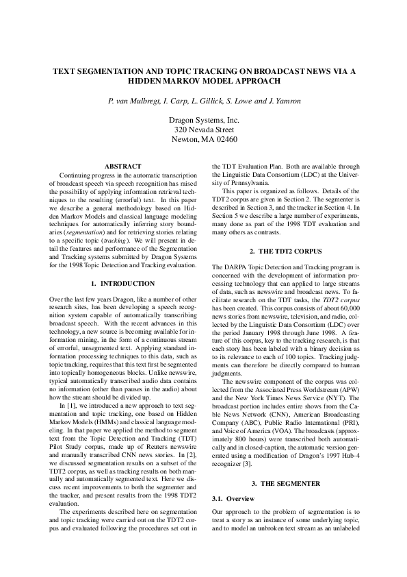 Pdf Text Segmentation And Topic Tracking On Broadcast News Via A Hidden Markov Model Approach