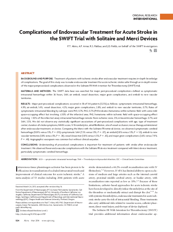 (PDF) Complications of Endovascular Treatment for Acute Stroke in the ...