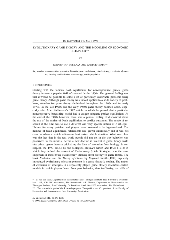 (PDF) Evolutionary game theory and the modeling of economic behavior