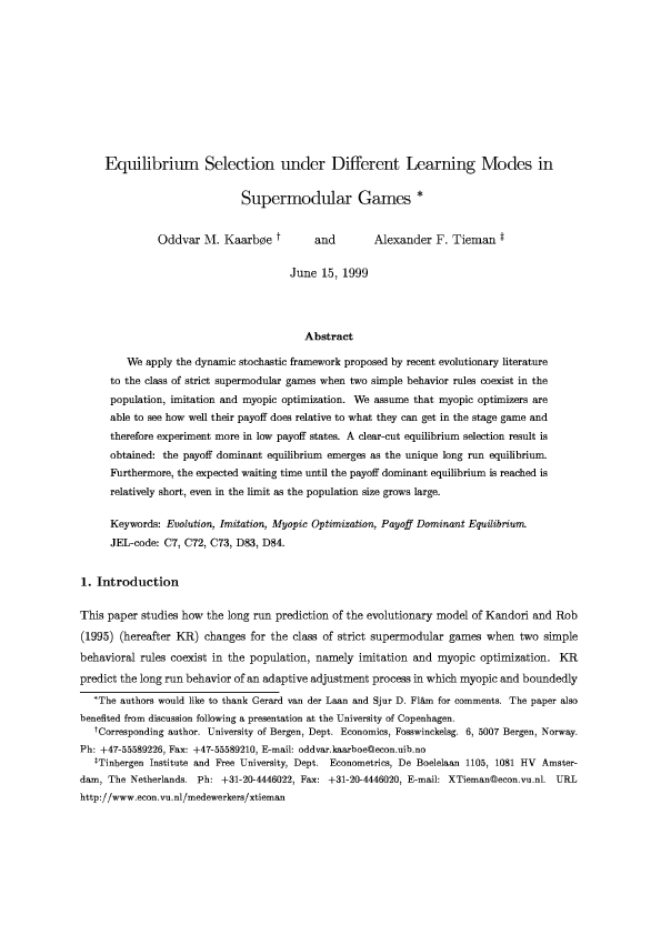 (PDF) Equilibrium Selection under Different Learning Modes in Supermodular Games | Alexander ...