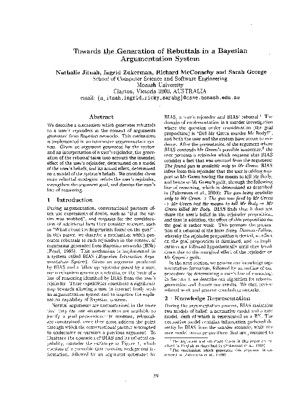 (PDF) Towards the generation of rebuttals in a Bayesian argumentation system
