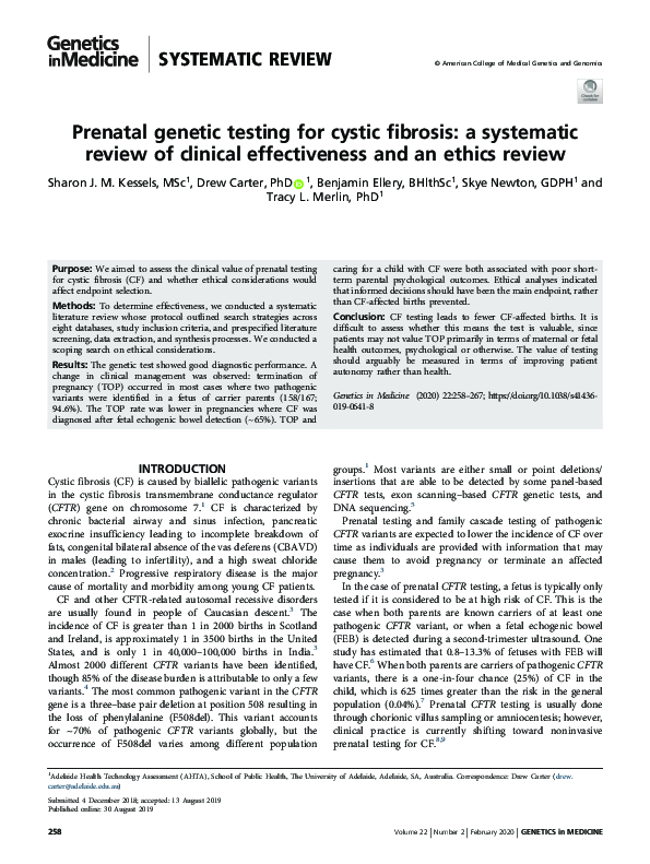 (PDF) Prenatal genetic testing for cystic fibrosis: a systematic review ...
