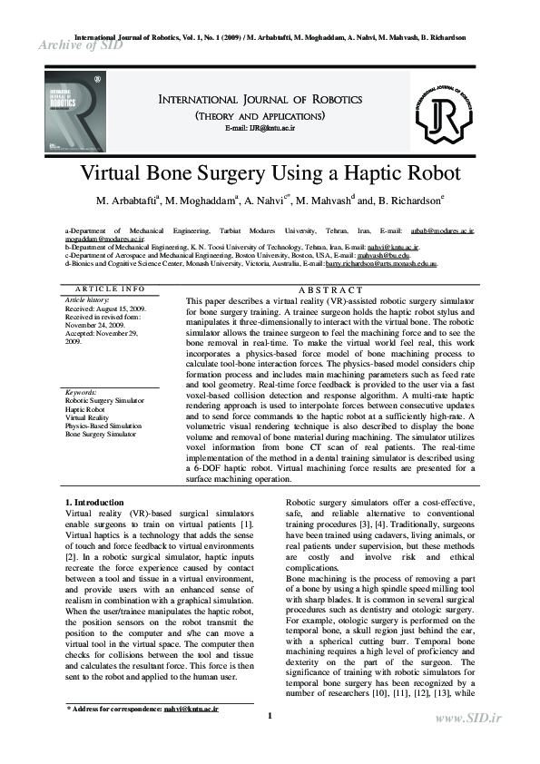 (PDF) Virtual Bone Surgery Using a Haptic Robot